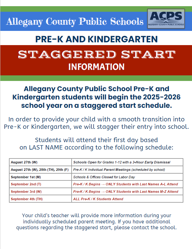 Pre-K and Kindergarten Staggered Start Information